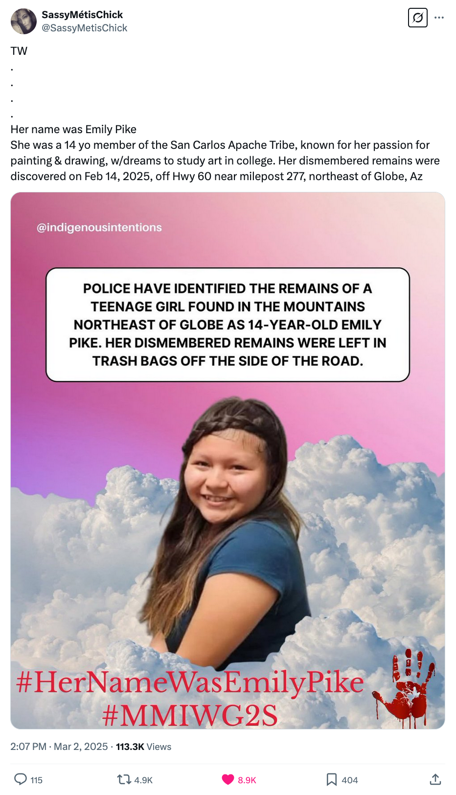 Her name was Emily Pike. She was a 14 year old member of the San Carlos Apache Tribe, known for ...